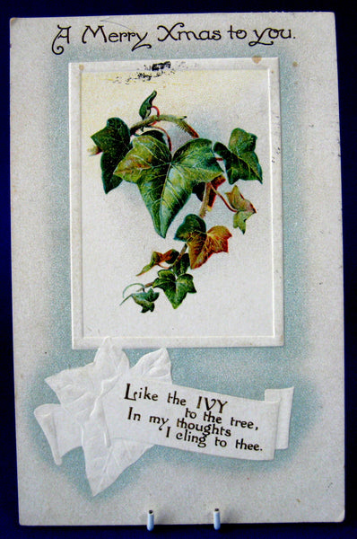 B.B. London Christmas Postcard Merry Xmas Postcard 1914 Embossed Ivy P – Antiques And Teacups