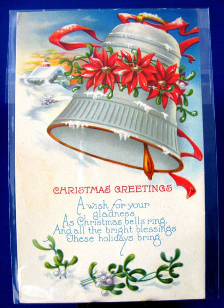 Postcard Christmas Greetings 1929 Bell Poinsettias Snow Poem Divided B ...