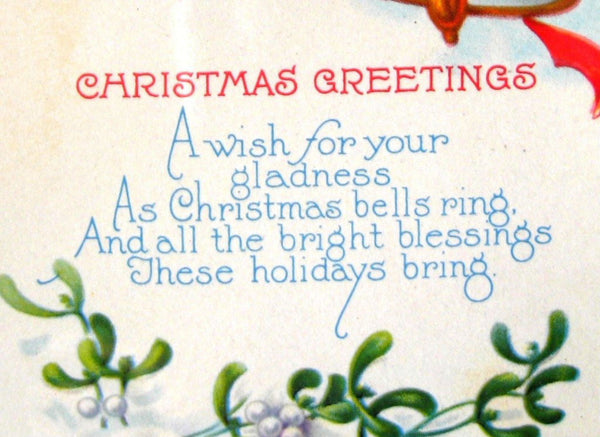 Postcard Christmas Greetings 1929 Bell Poinsettias Snow Poem Divided B ...