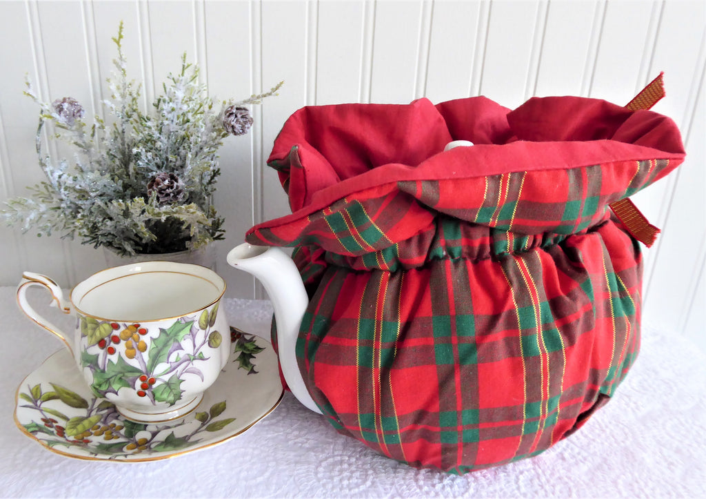 Christmas Colors Plaid Tea Cozy Padded Tea Cosy Gold Metallic Handmade ...