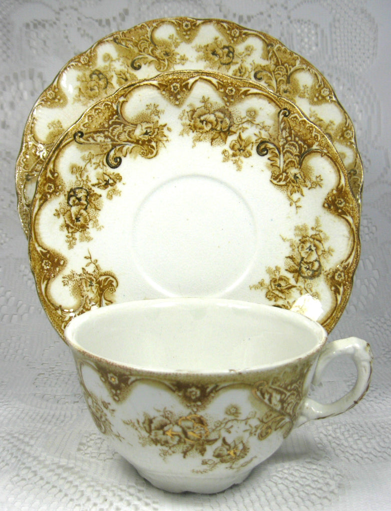 Edwardian English Ironstone Teacup Trio Sepia Transferware Pansies 189 ...