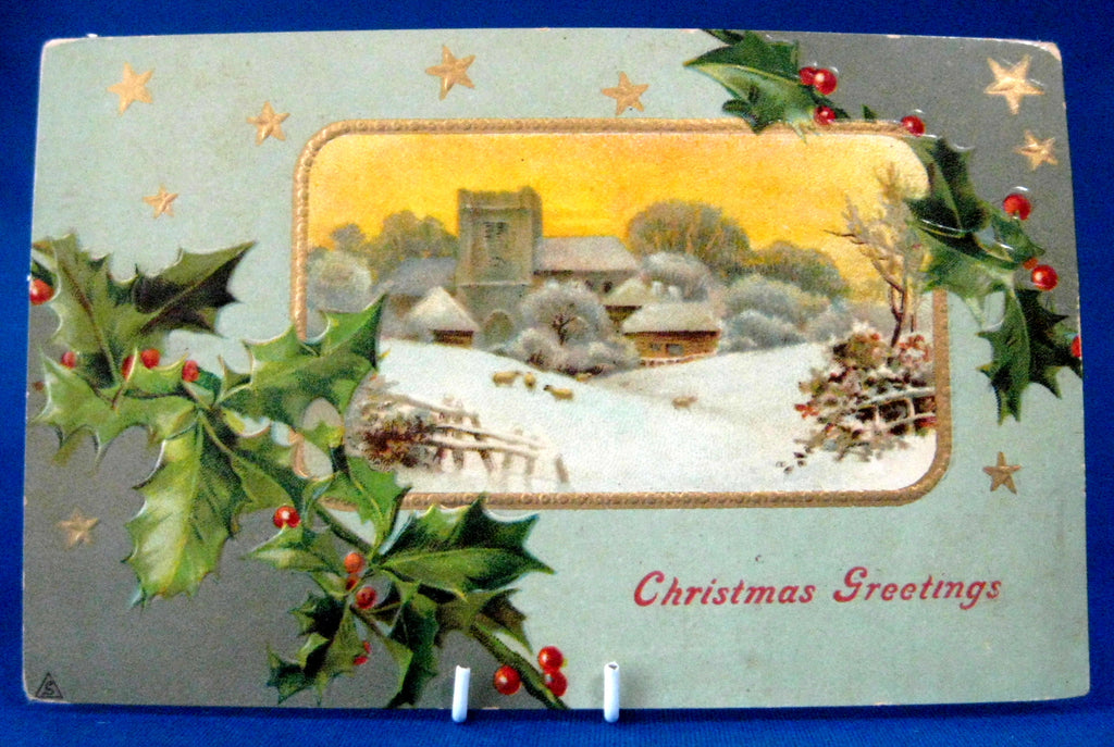 Christmas Greetings Postcard Gold Stars Embossed 1908 Snowy Church Hol – Antiques And Teacups