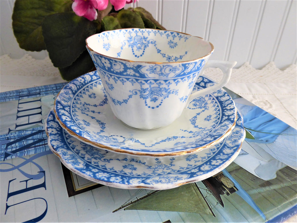 Edwardian Blue Transferware Cup And Saucer Plate 1904 Teacup Trio Swag ...