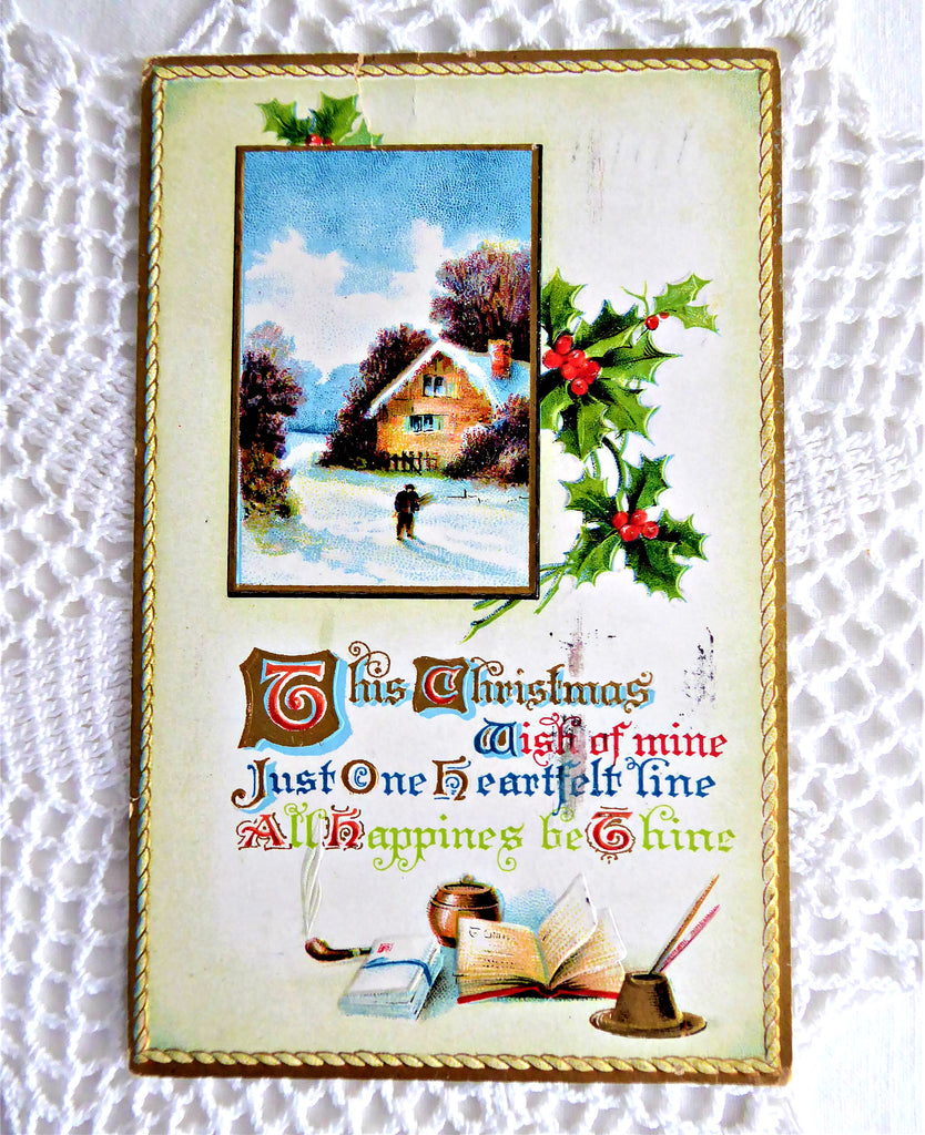 Postcard Christmas Wish 1910 Poem Embossed Snow Scene BB London Vintag – Antiques And Teacups