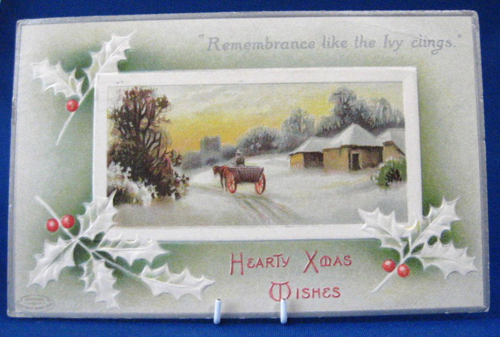 Hearty Xmas Wishes Christmas Postcard Embossed Holly 1911 Snow Scene – Antiques And Teacups