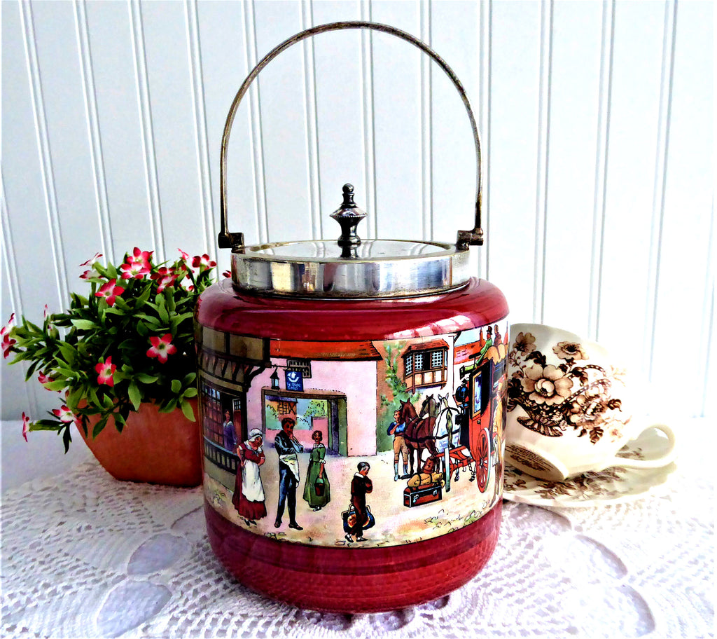 Victorian Coaching Scene Biscuit Barrel Antique Red 1920s Cookie Jar ...