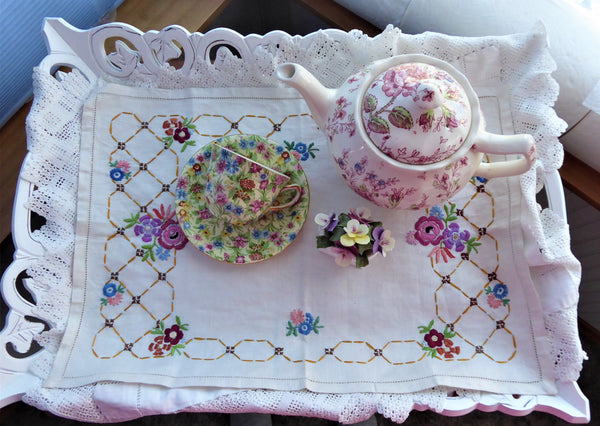 English Tray Cloth Linen Hand Made Embroidered Multi Color Floral 1930 ...