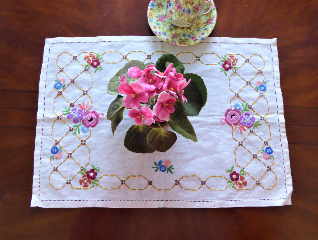 English Tray Cloth Linen Hand Made Embroidered Multi Color Floral 1930 ...