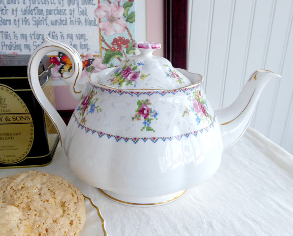 Royal Albert Petit Point Teapot 1930s Floral Cross Stitch Flower Finia ...