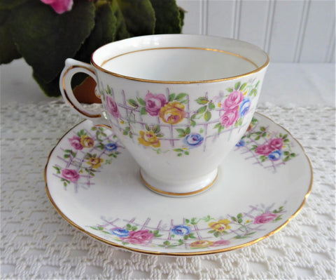 Multicolor Rose Trellis Cup And Saucer Tuscan England 1930s Pink Blue ...
