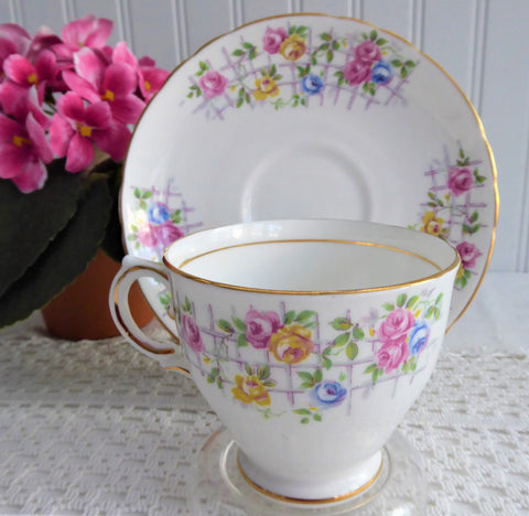 Multicolor Rose Trellis Cup And Saucer Tuscan England 1930s Pink Blue ...