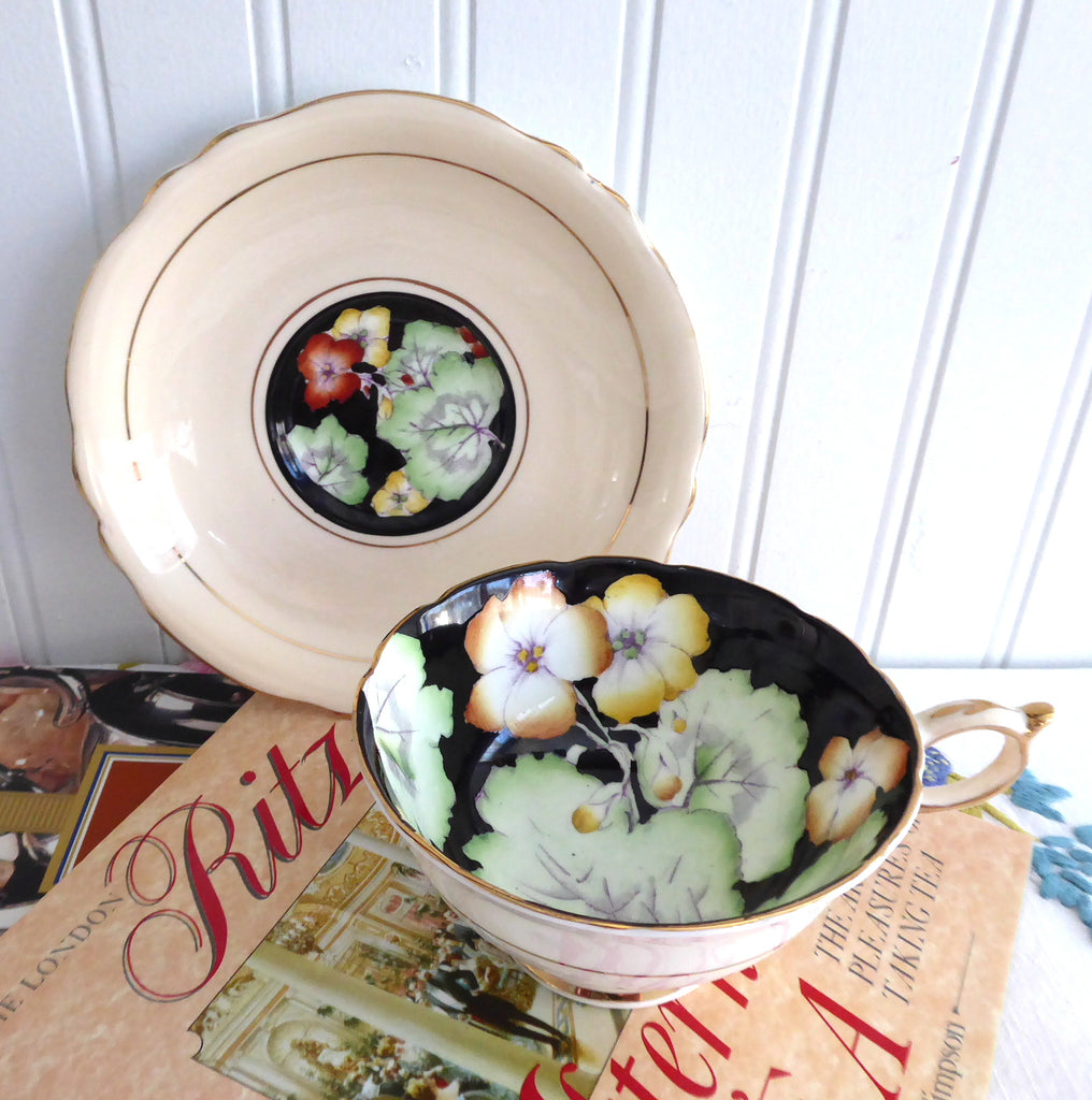 Apricot Geraniums Paragon Cup And Saucer Gorgeous Peach Black 1940s Ha ...