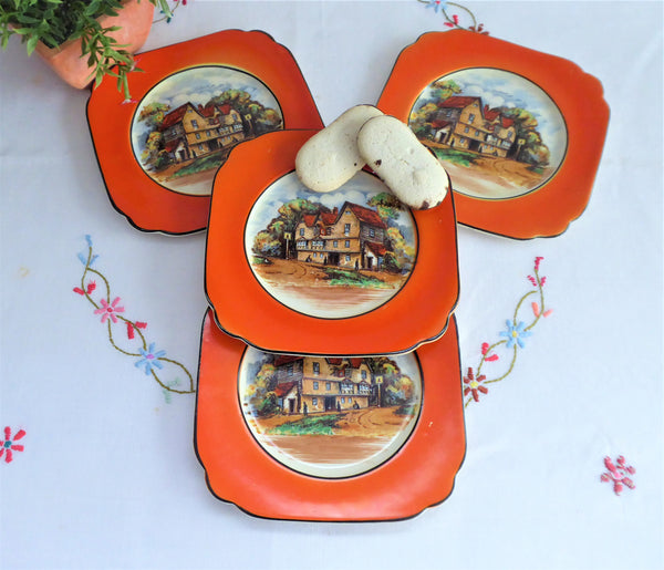 Orange Border English Pub 4 Side Plates 1940s 6 Inches Black Trim ...