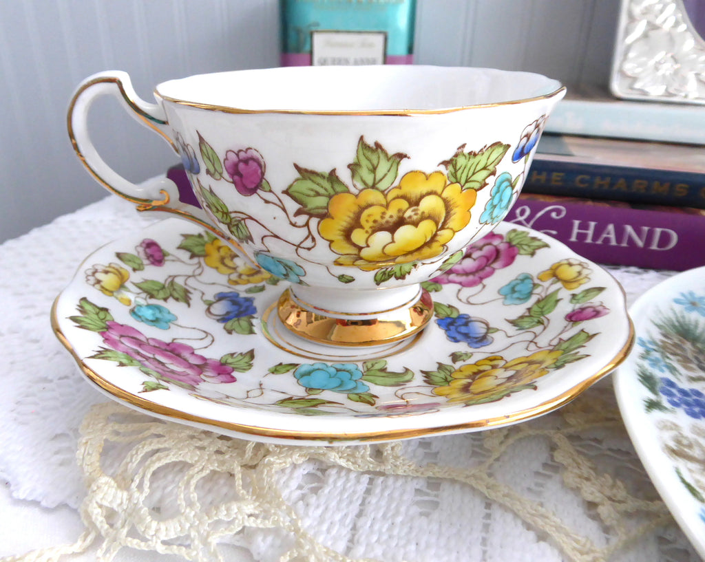 Colorful Floral Cup And Saucer Hand Colored 1950s Royal Tudor Brown Tr ...