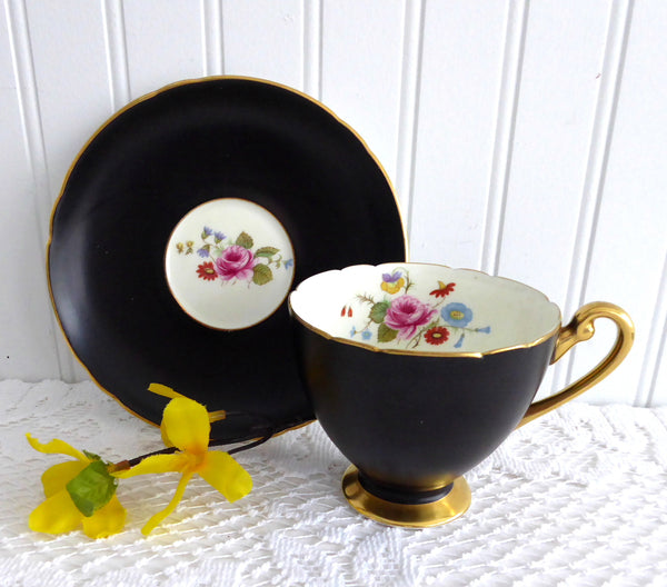 Rare Shelley Matte Black Ripon Cup and Saucer 1950s Rose And Red Daisy ...