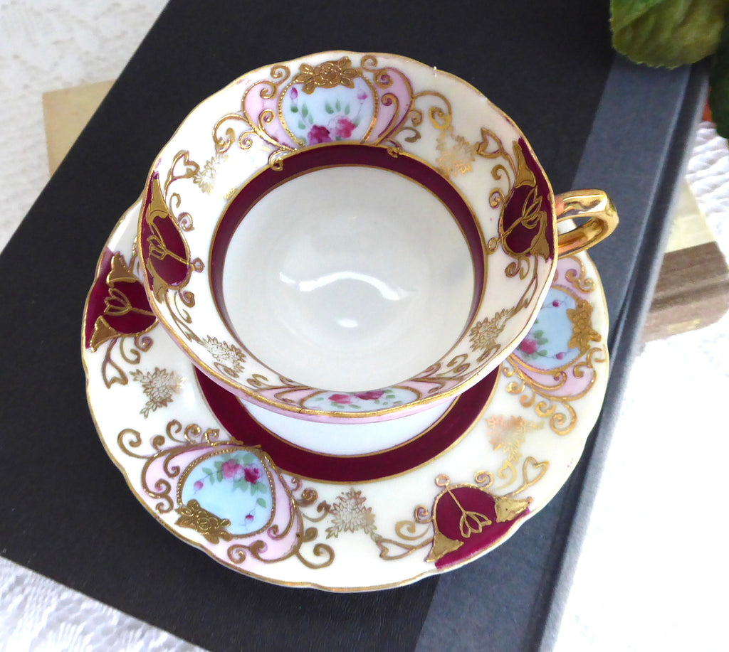 Fancy Hand decorated Cup And Saucer 1950s Japan Maroon Pink Gold Heart ...