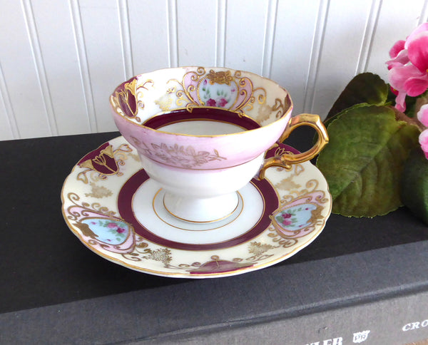 Fancy Hand decorated Cup And Saucer 1950s Japan Maroon Pink Gold Heart ...