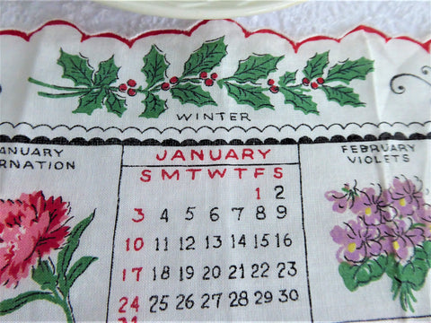 Calendar Handkerchief 1965 Original Sticker Monthly Flowers Dates Hank ...