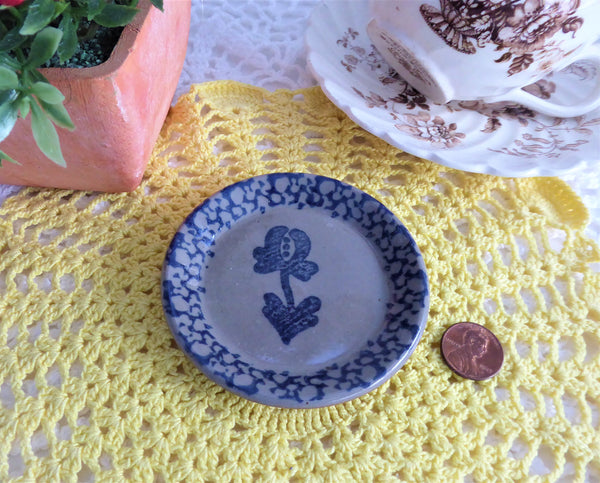 Blue Stoneware Teabag Caddy Blue Sponge Flower Butter Pat Bennington S ...