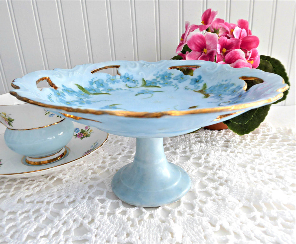 Blue Pedestal Cake Plate Hand Painted Artistan Violets Forget Me Nots ...