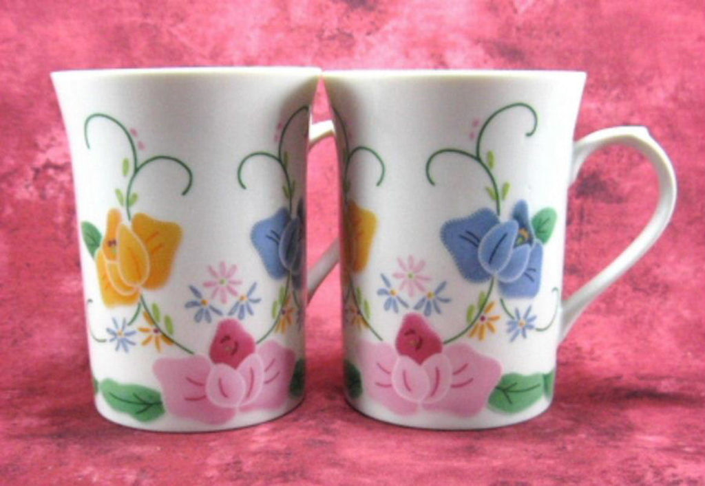 Applique Pattern Mug Pair Embroidery Porcelain 1980s Elegant Tea Mugs ...