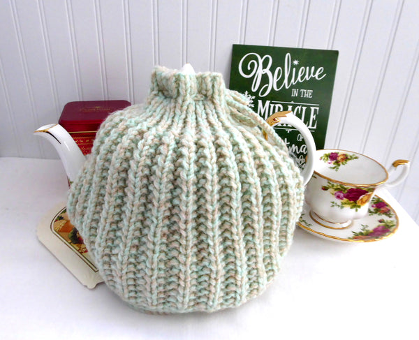 Heathered Green English Tea Cozy 1950s Retro Cream Green Tan Cosy Larg ...