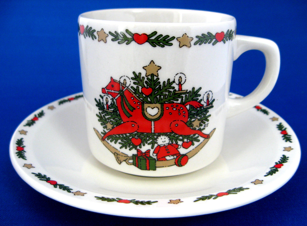Christmas Cup And Saucer Rocking Horse Tree Toys 1980s Holiday ...