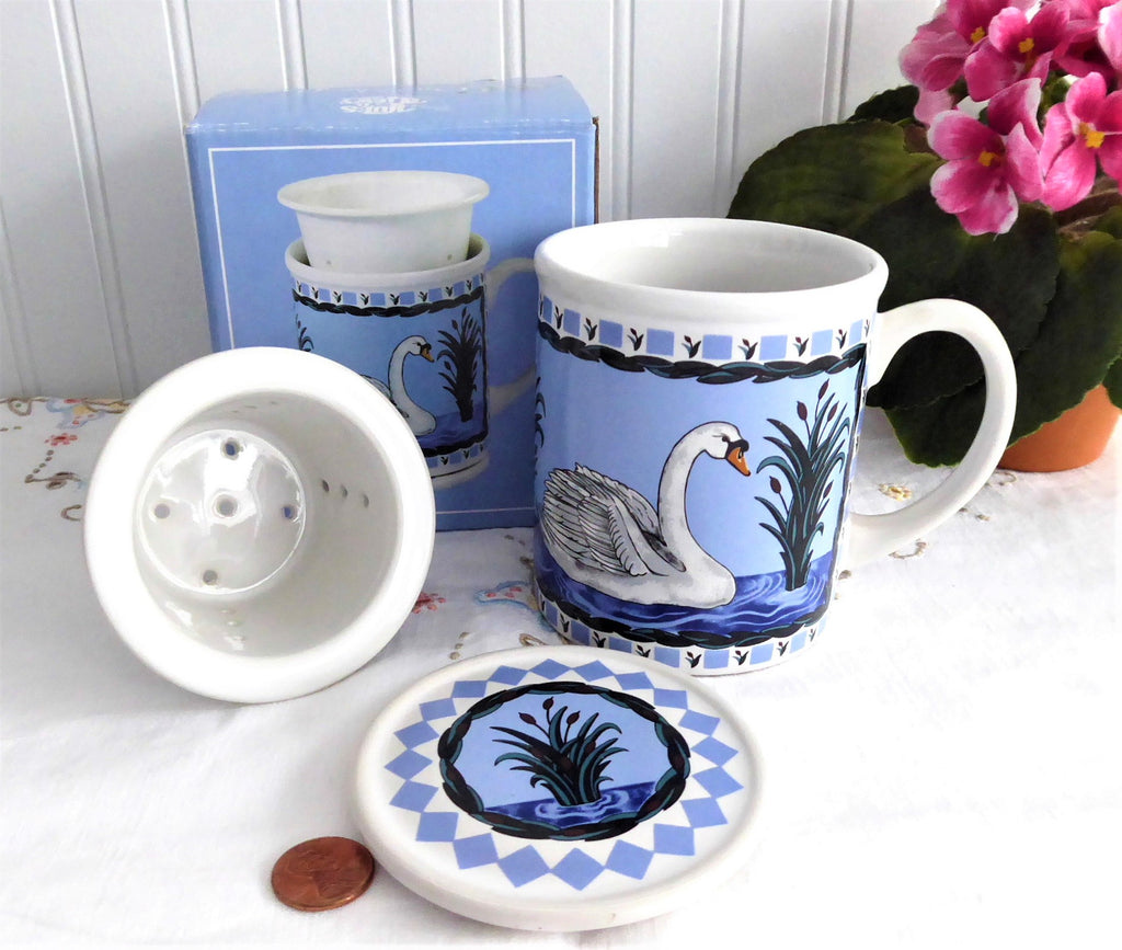 Boxed Swan Tea Mug With Infuser And Coaster Birds Blue And White Blue ...