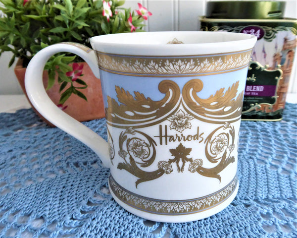 Harrods Luxe Logo Mug Bone China Gold Blue White 2000 Original sticker ...