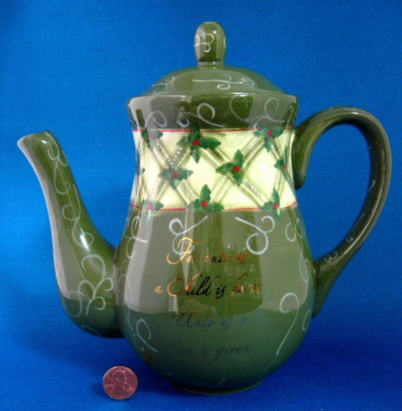 Teapot Christmas For Unto Us Coffeepot Holly Dayspring Scripture Tall ...
