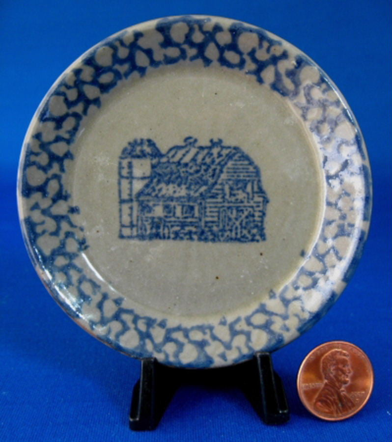 Butter Pat Stoneware Blue Sponged Stencil Barn teabag Caddy USA 1970s ...